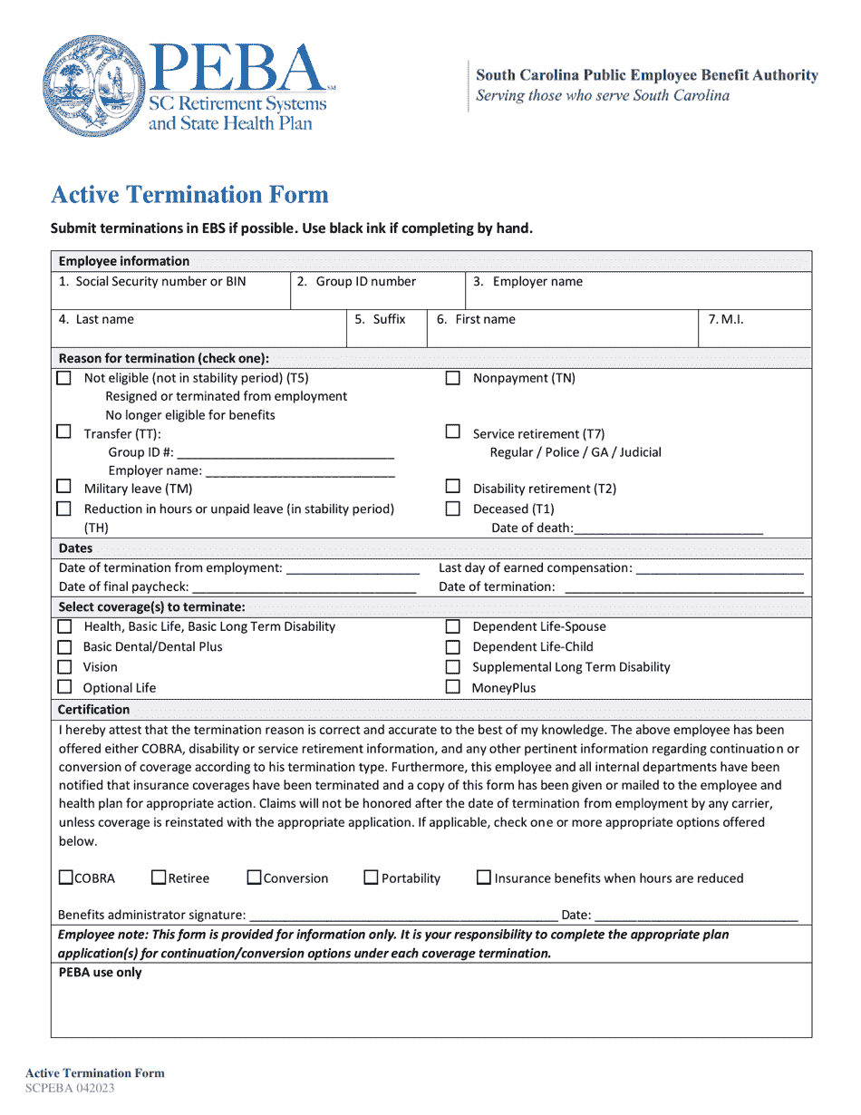 South Carolina Active Termination Form Download Fillable PDF 2020 ...