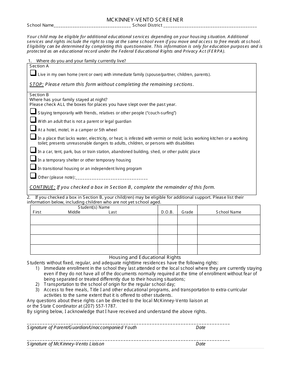 Maine Mckinney Vento Screener Form - Fill Out, Sign Online and Download ...