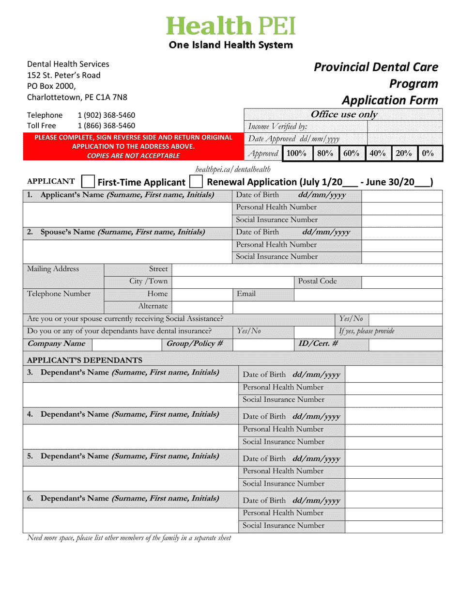 Prince Edward Island Canada Provincial Dental Care Program Application Form - Fill Out, Sign ...