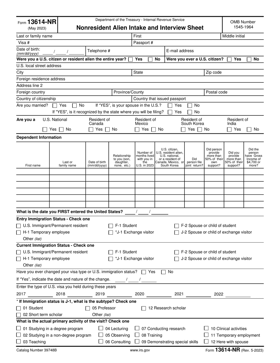 IRS Form 13614-NR Download Fillable PDF or Fill Online Nonresident ...