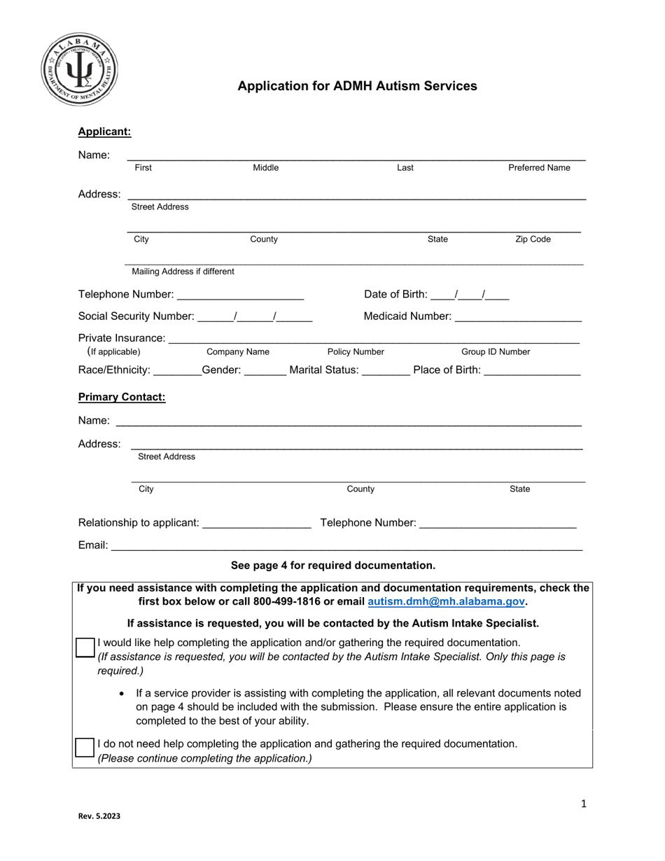 Alabama Application for Admh Autism Services Download Fillable PDF ...