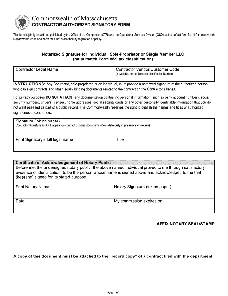 Massachusetts Contractor Authorized Signatory Listing Form (Casl) for ...