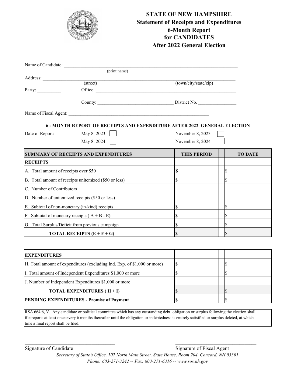 New Hampshire 6-month Receipt and Expenditure for Candidates After 2022 ...