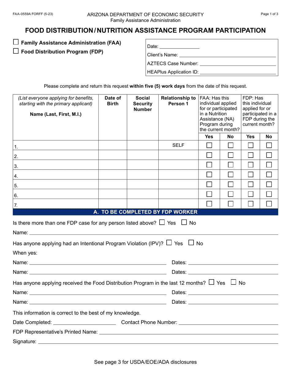 Form FAA-0559A Download Fillable PDF or Fill Online Food Distribution ...