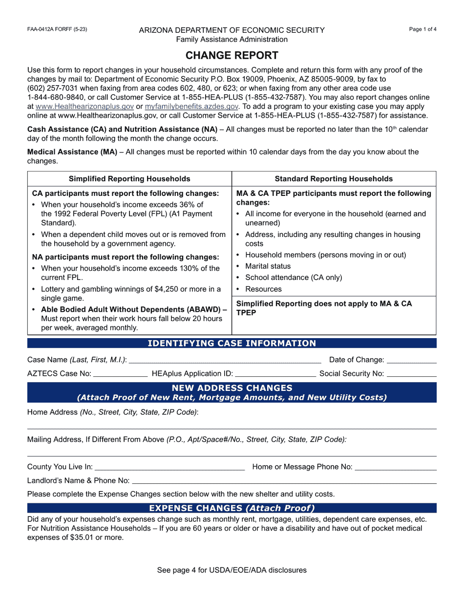 Form FAA-0412A Download Fillable PDF or Fill Online Change Report ...