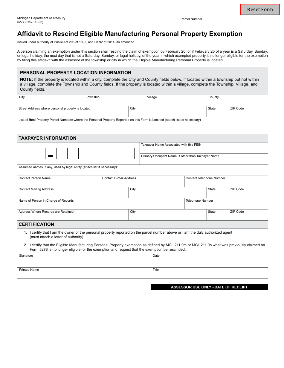 Form 5277 Download Fillable PDF or Fill Online Affidavit to Rescind ...