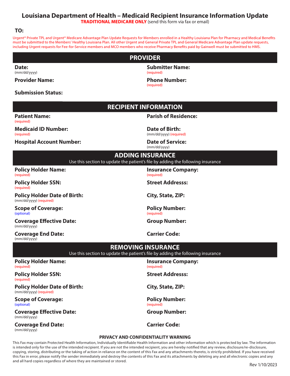 Louisiana Medicaid Recipient Insurance Information Update (Traditional ...