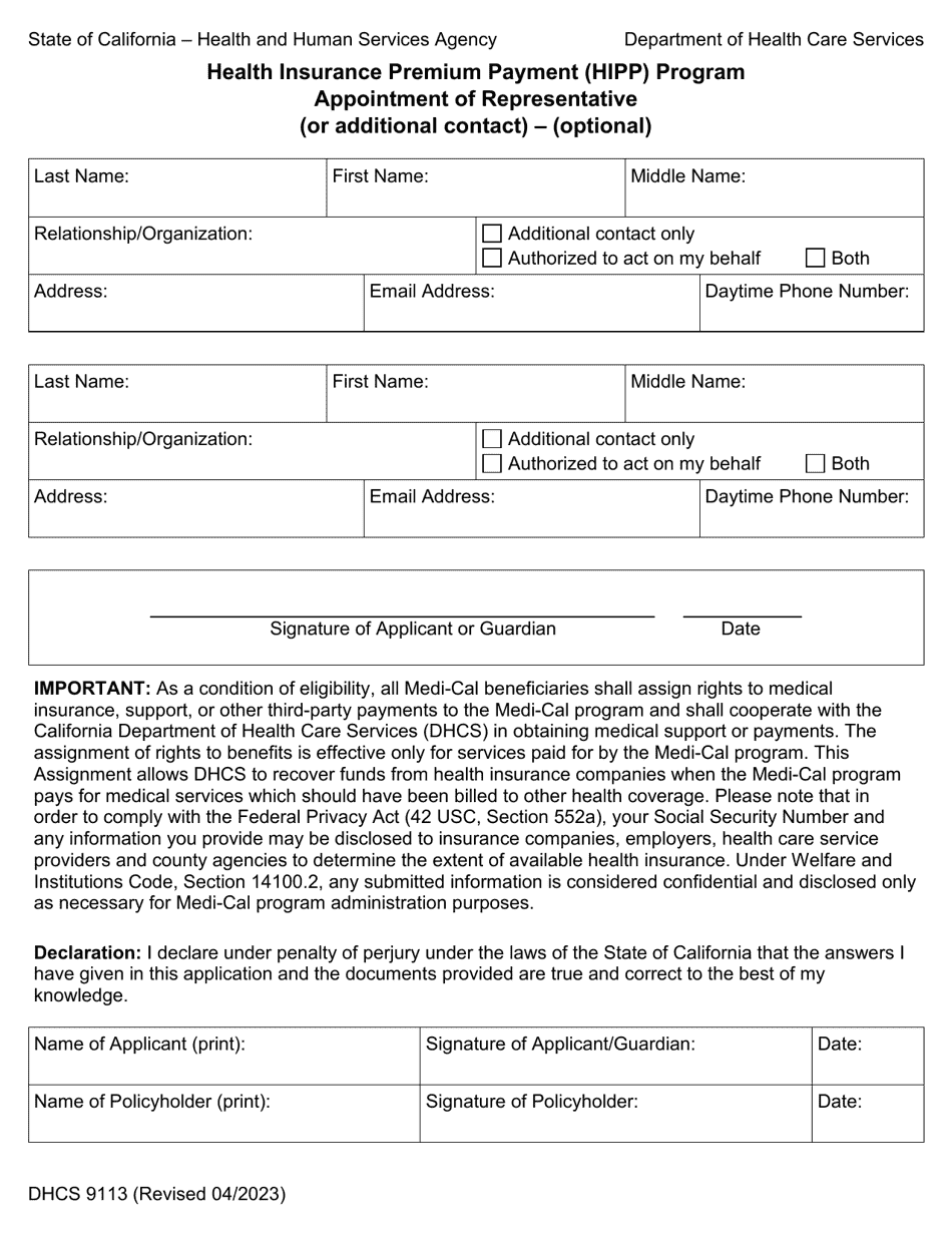 Form DHCS9113 Download Fillable PDF or Fill Online Appointment of ...