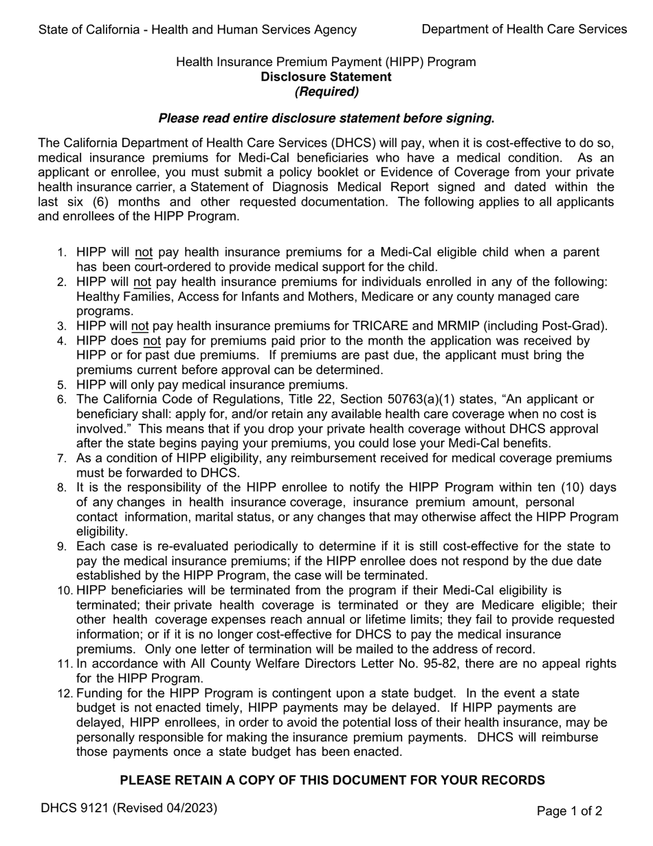 Form DHCS9121 Download Fillable PDF or Fill Online Disclosure Statement ...