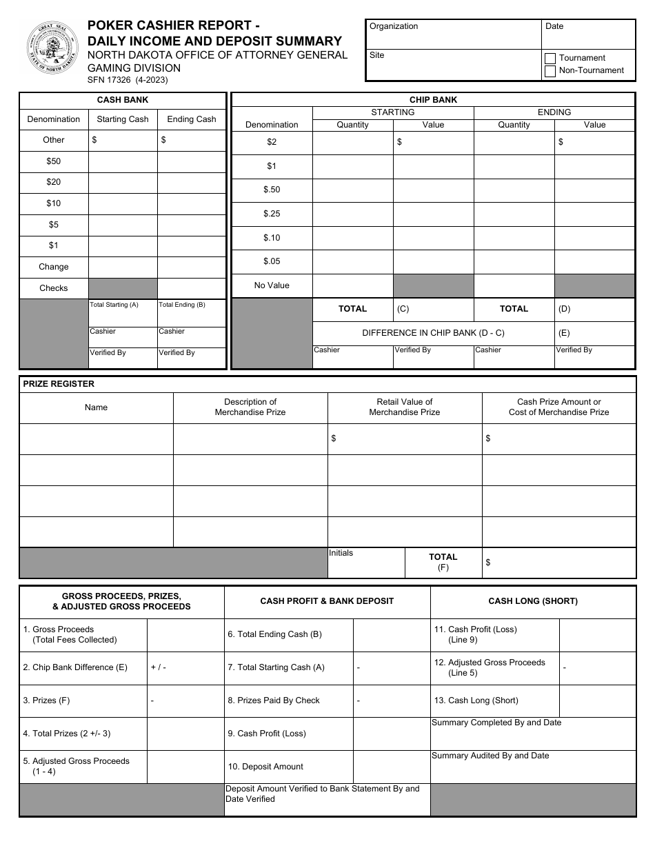 Form SFN17326 Download Fillable PDF or Fill Online Poker Cashier Report ...