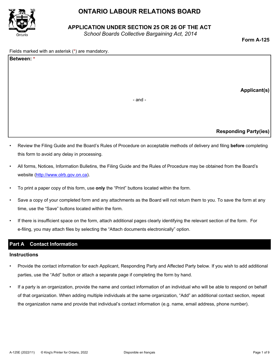 Form A-125 - Fill Out, Sign Online and Download Fillable PDF, Ontario ...