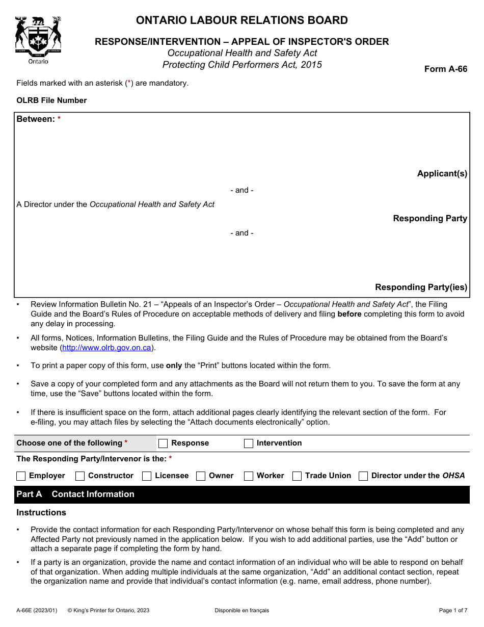 Form A-66 - Fill Out, Sign Online and Download Fillable PDF, Ontario ...