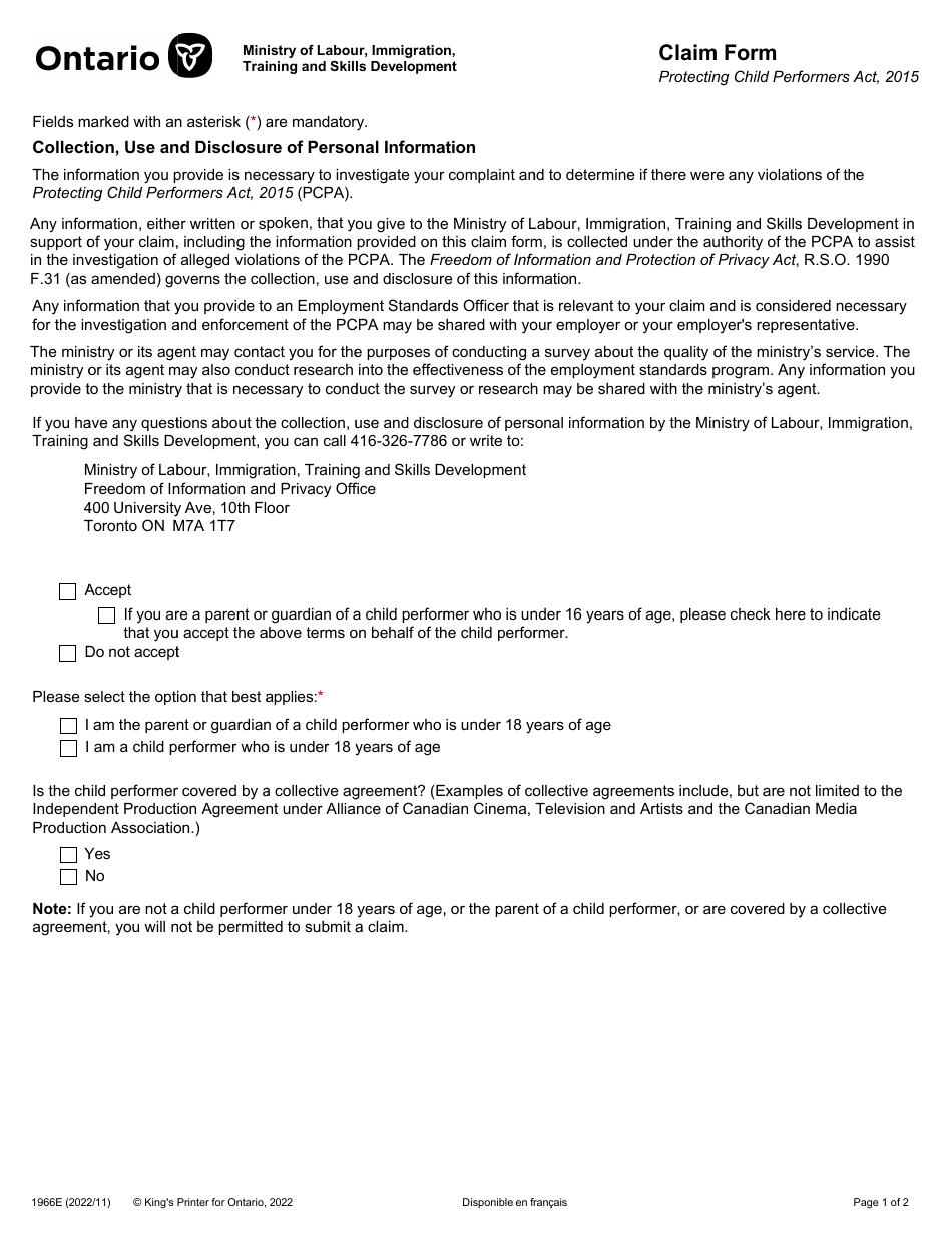 Form 1966E - Fill Out, Sign Online and Download Fillable PDF, Ontario ...