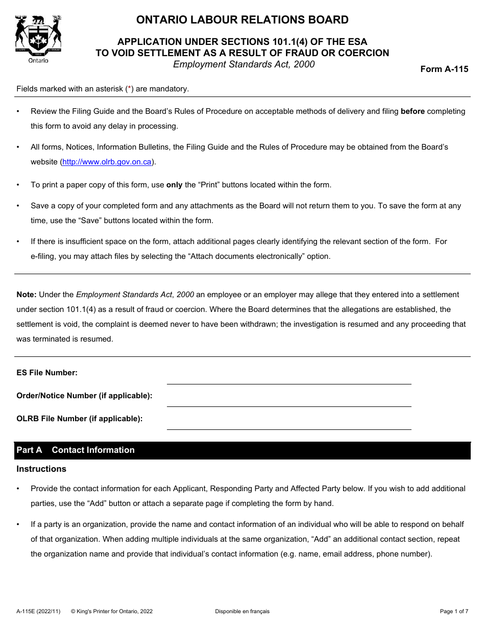 Form A-115 - Fill Out, Sign Online and Download Fillable PDF, Ontario ...
