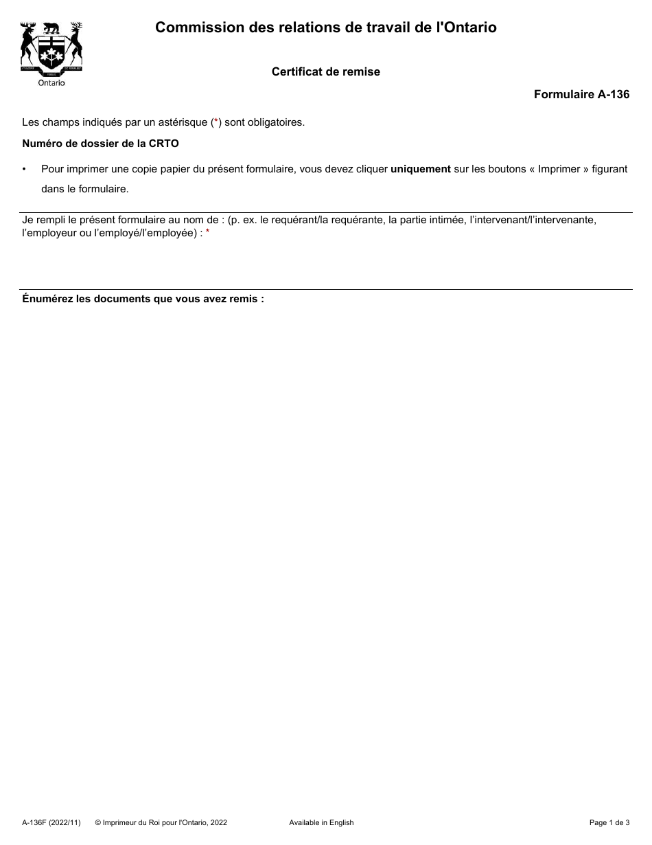 Forme A-136 - Fill Out, Sign Online and Download Fillable PDF, Ontario ...