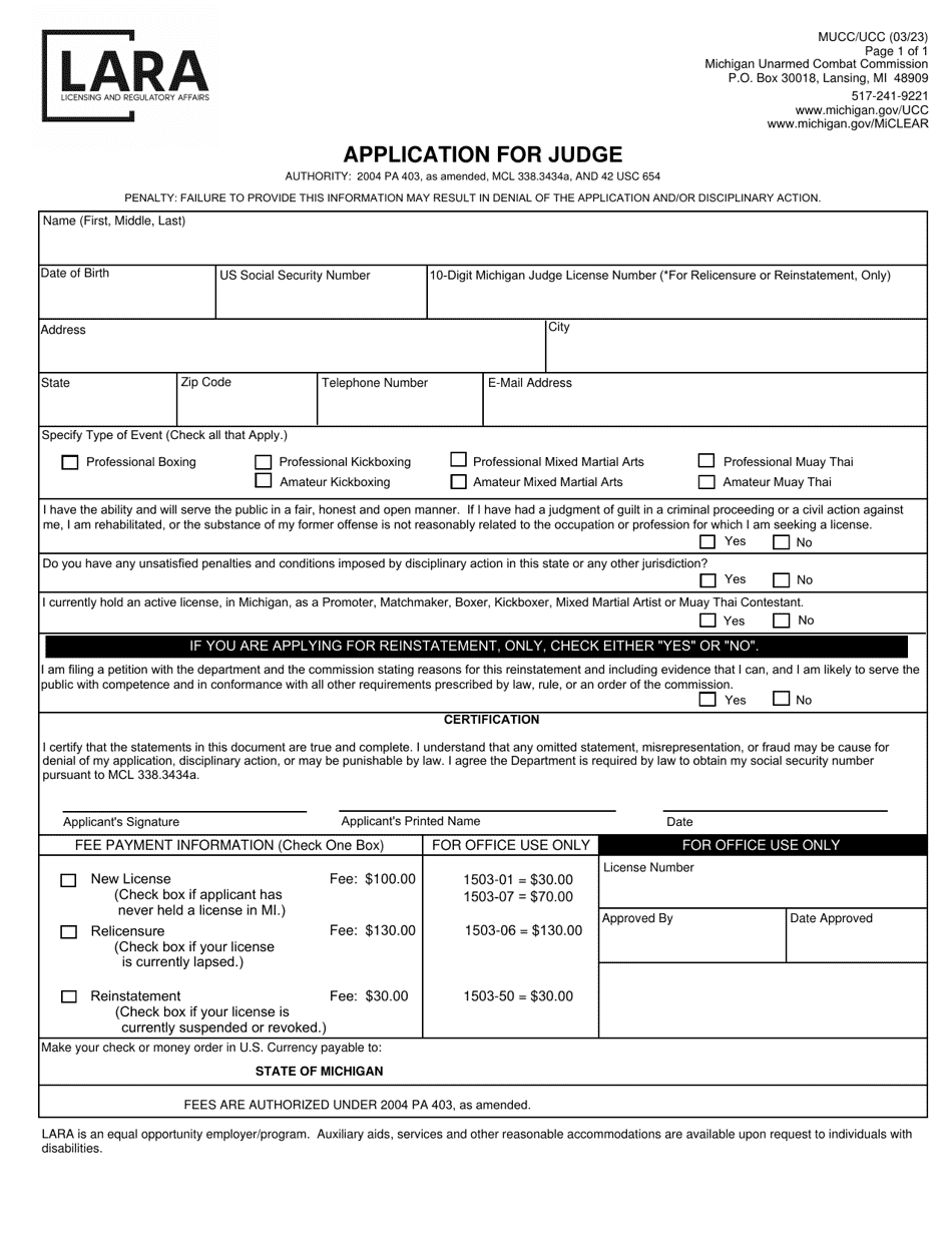 Michigan Application for Judge - Fill Out, Sign Online and Download PDF ...