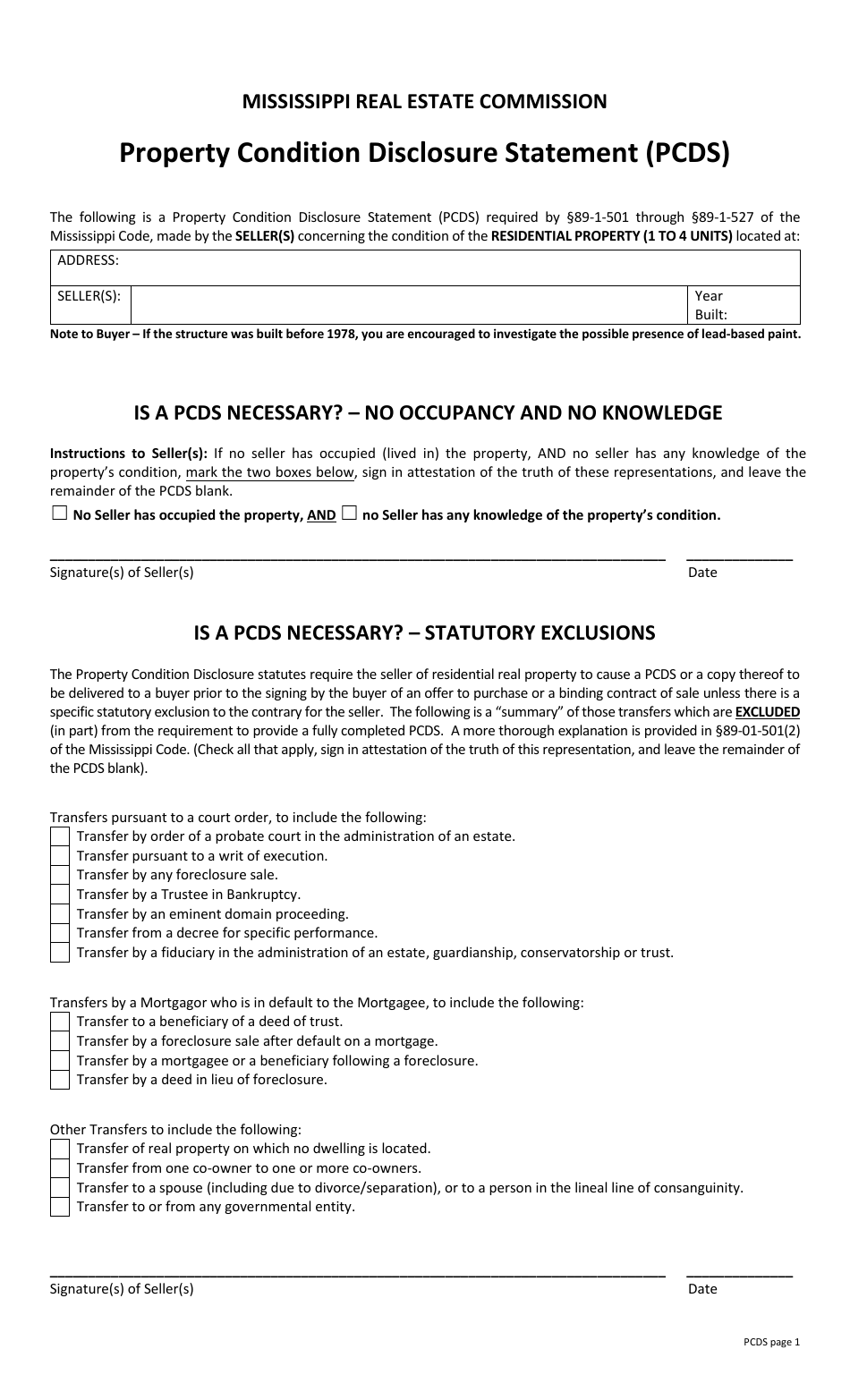 Mississippi Property Condition Disclosure Statement (Pcds) (Legal Size) - Fill Out, Sign Online ...