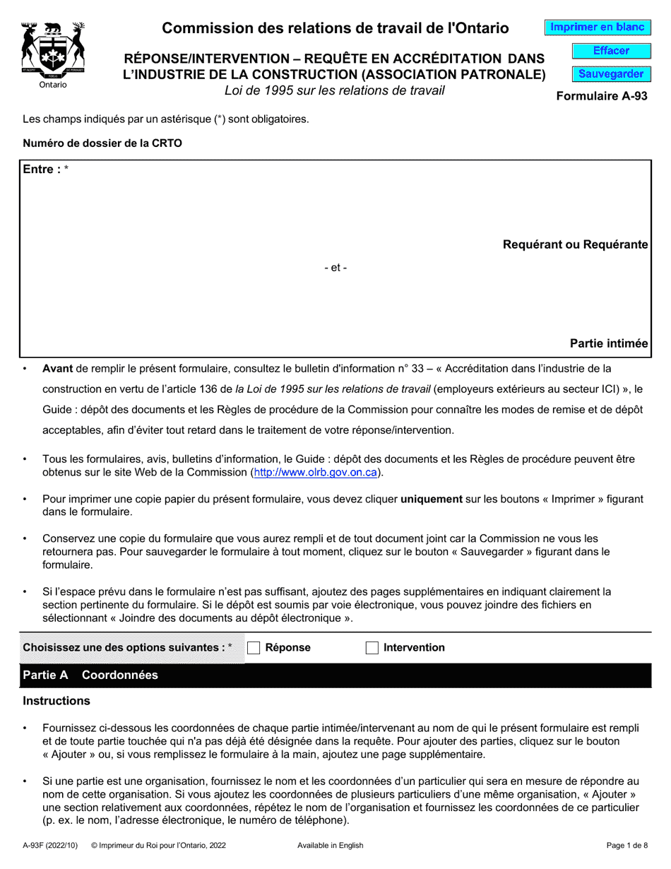 Forme A-93 - Fill Out, Sign Online and Download Fillable PDF, Ontario ...