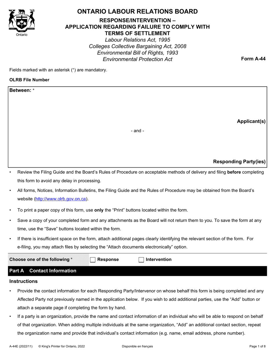 Form A-44 - Fill Out, Sign Online and Download Fillable PDF, Ontario ...