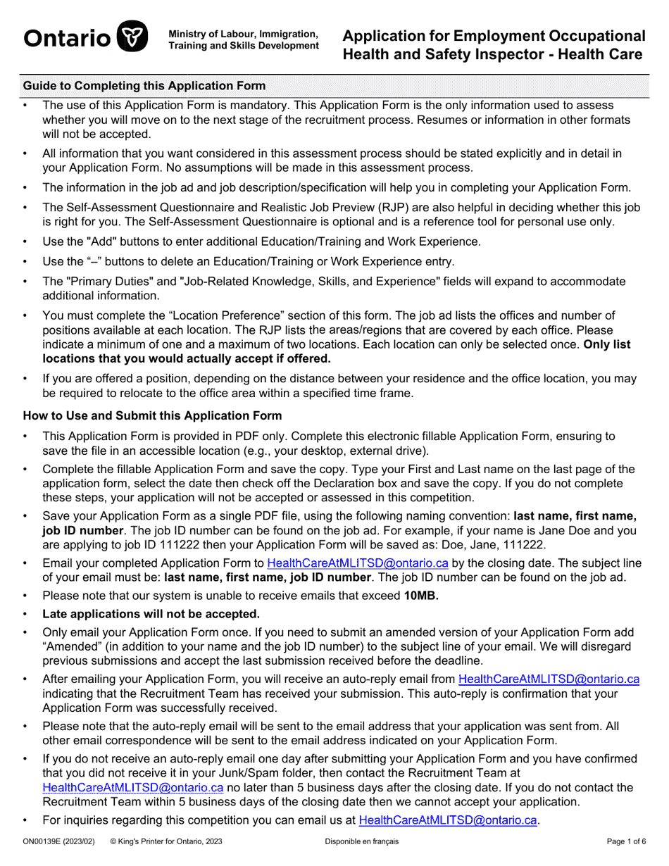 Form ON00139E Download Fillable PDF or Fill Online Application for ...