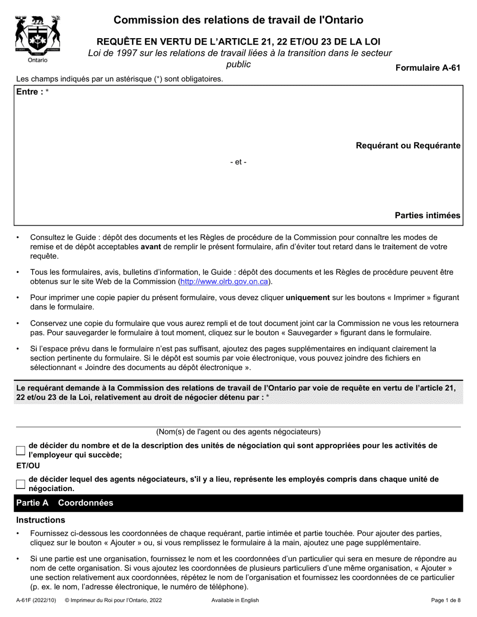Forme A-61 - Fill Out, Sign Online and Download Fillable PDF, Ontario Canada (French ...