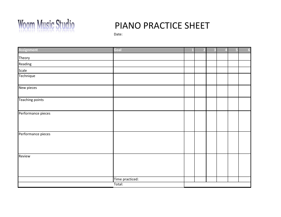 Piano Practice Sheet Template - Woom Music Studio Download Printable ...