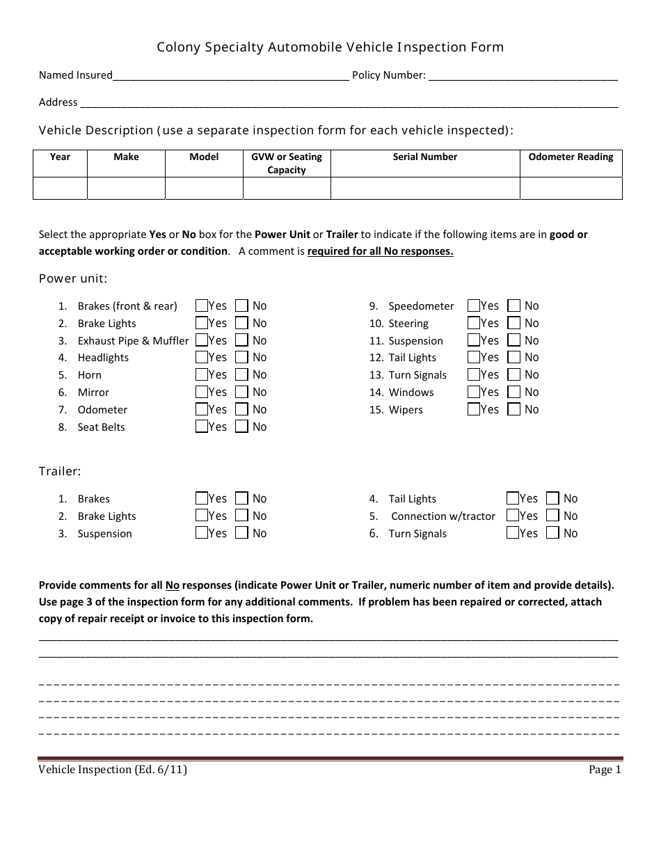 Colony Specialty Automobile Vehicle Inspection Form - Fill Out, Sign ...