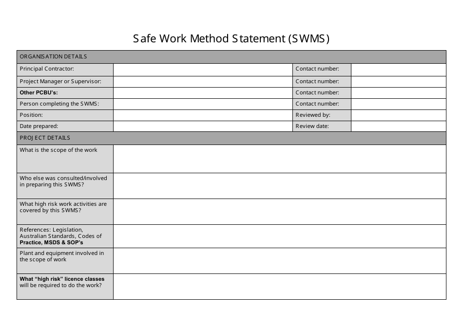 Safe Work Method Statement Template Grey Download Printable PDF 