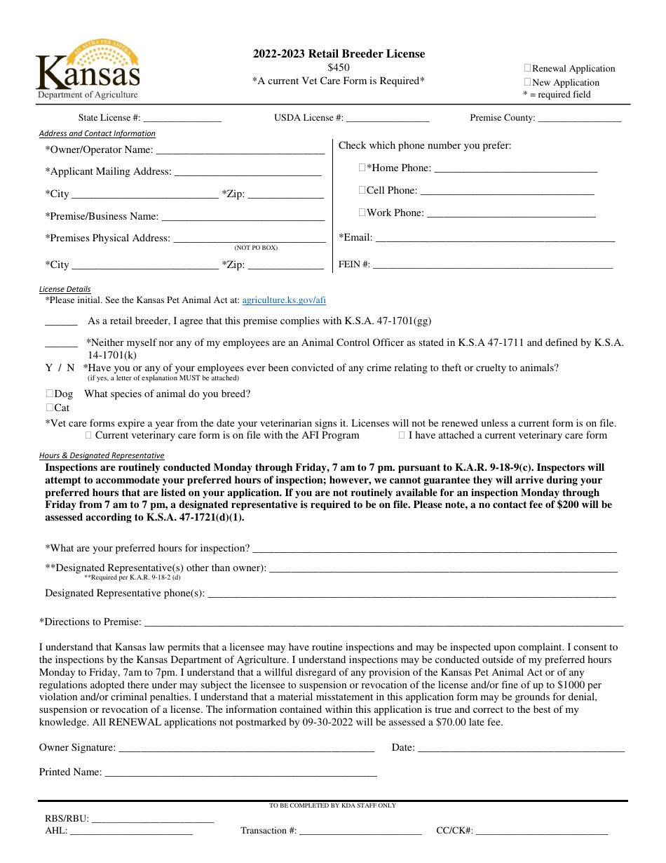 2023 Kansas Retail Breeder License Application - Fill Out, Sign Online ...