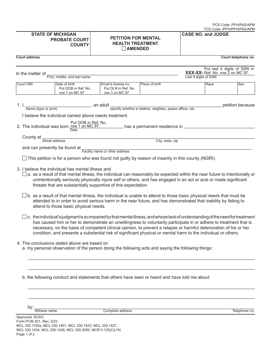 Form PCM201 Download Fillable PDF or Fill Online Petition for Mental ...