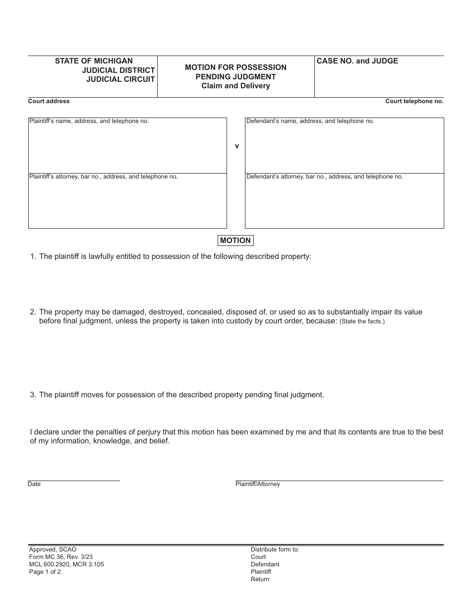 Form MC36 Download Fillable PDF or Fill Online Motion for Possession ...
