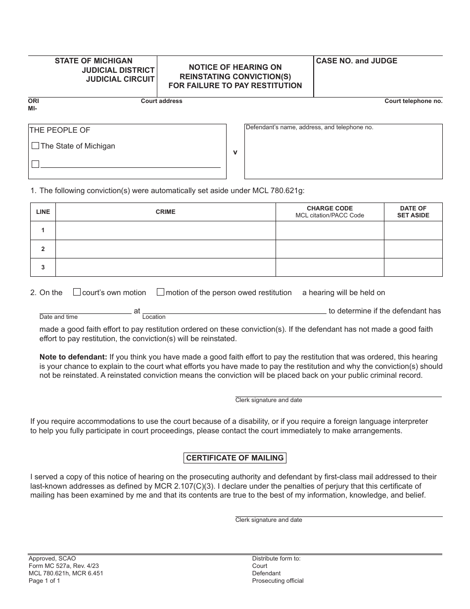 Form MC527A - Fill Out, Sign Online and Download Fillable PDF, Michigan ...