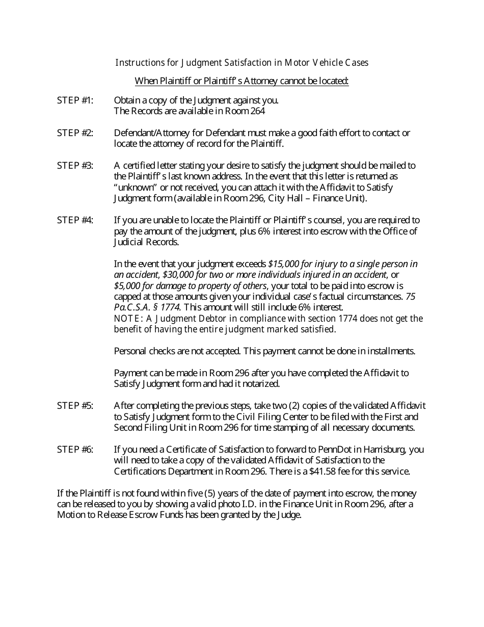 Philadelphia County, Pennsylvania Affidavit to Satisfy Judgment - Motor ...