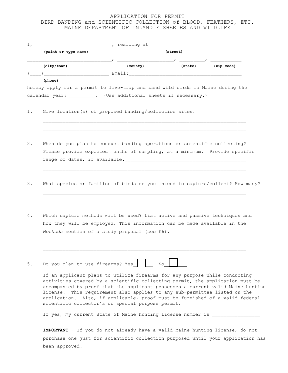 Maine Application for Permit Bird Banding and Scientific Collection of ...