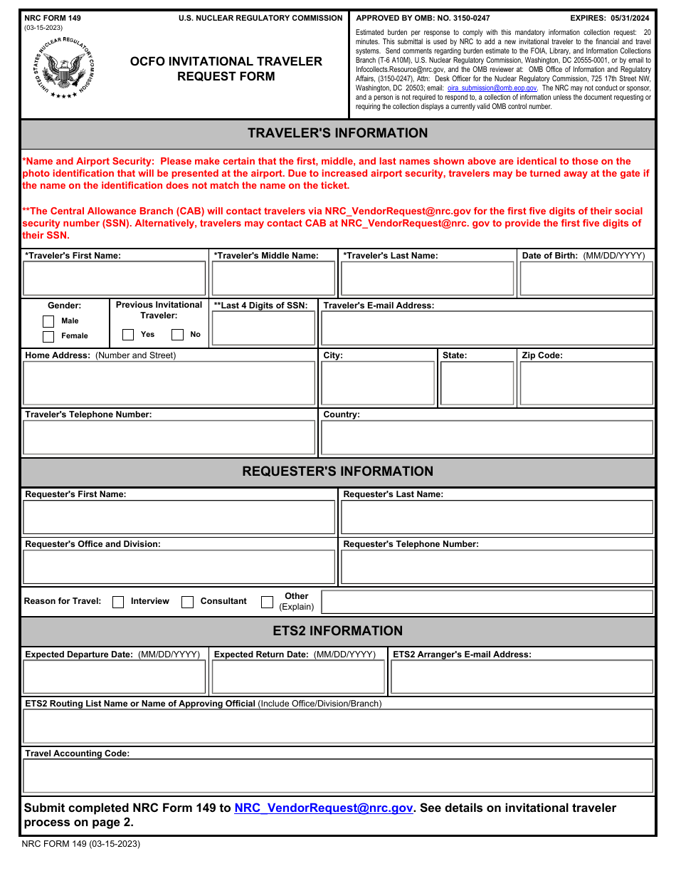 NRC Form 149 Download Fillable PDF or Fill Online Ocfo Invitational ...