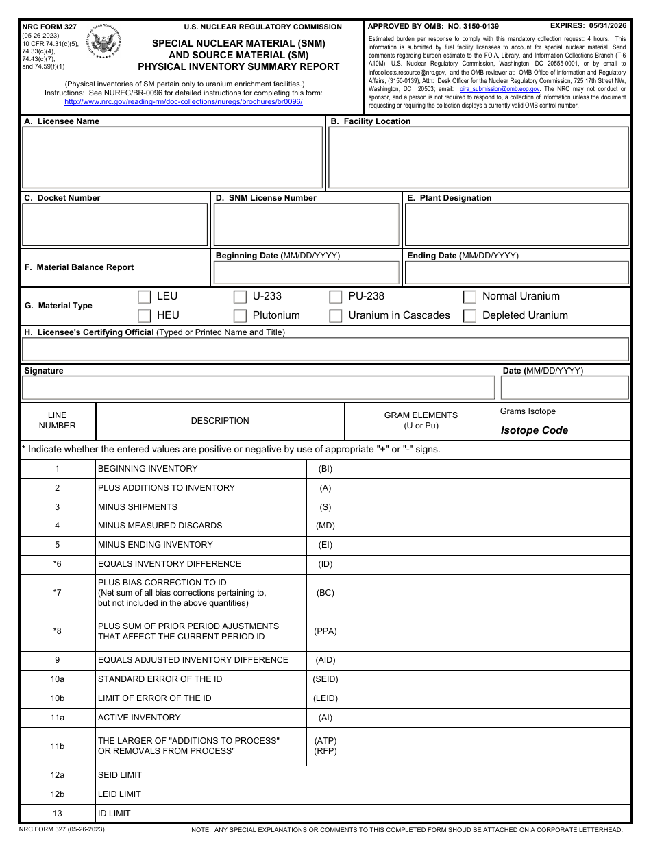 NRC Form 327 Download Fillable PDF or Fill Online Special Nuclear ...