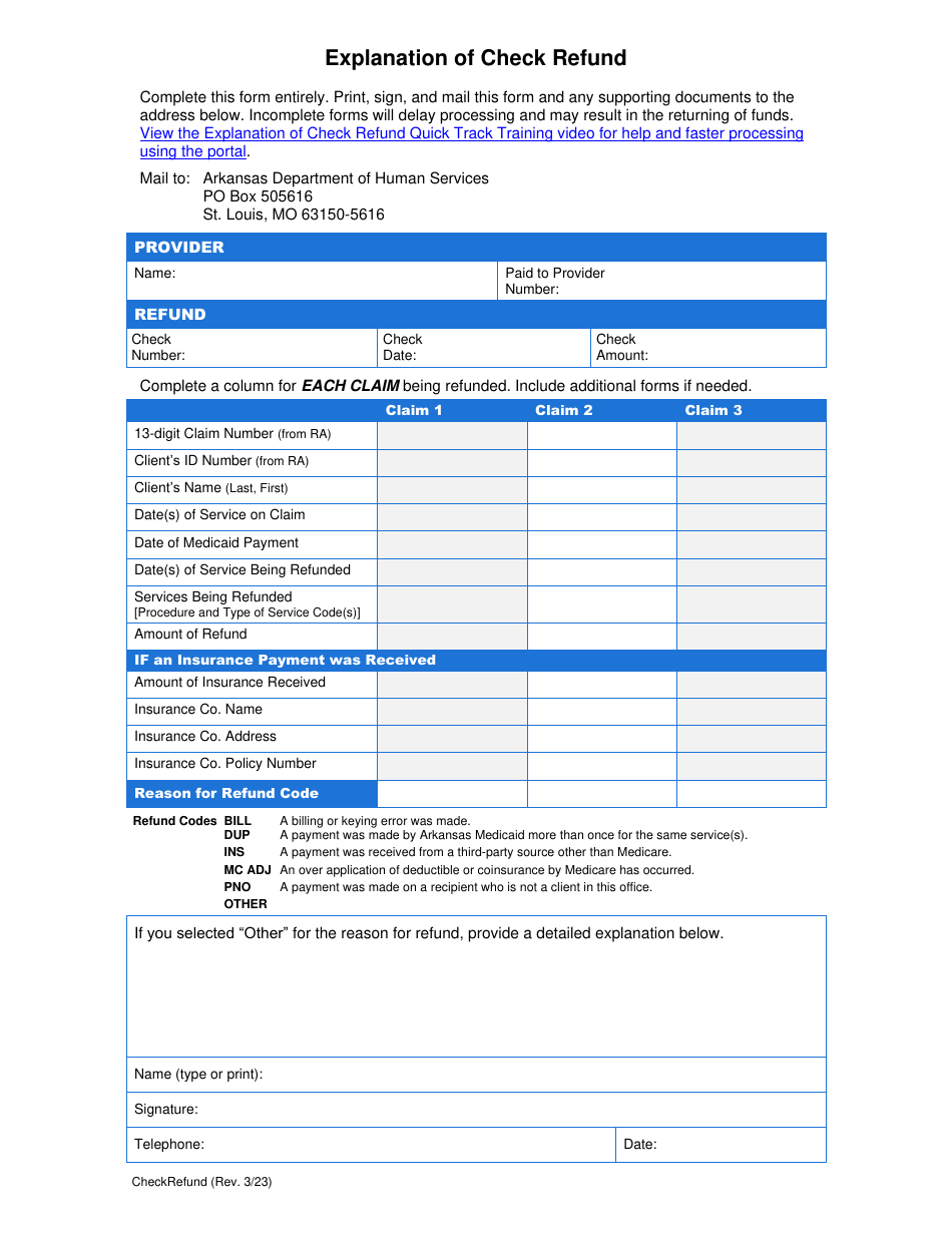 Arkansas Explanation of Check Refund Download Printable PDF ...