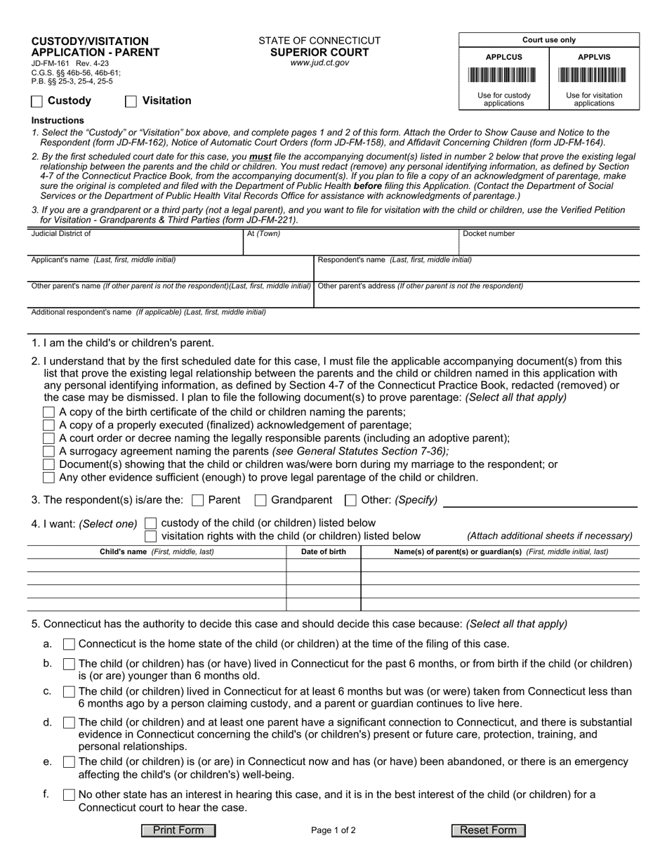 Form JD-FM-161 Download Fillable PDF or Fill Online Custody/Visitation ...