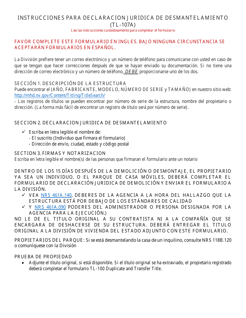 Form TL-107A - Fill Out, Sign Online and Download Fillable PDF, Nevada ...