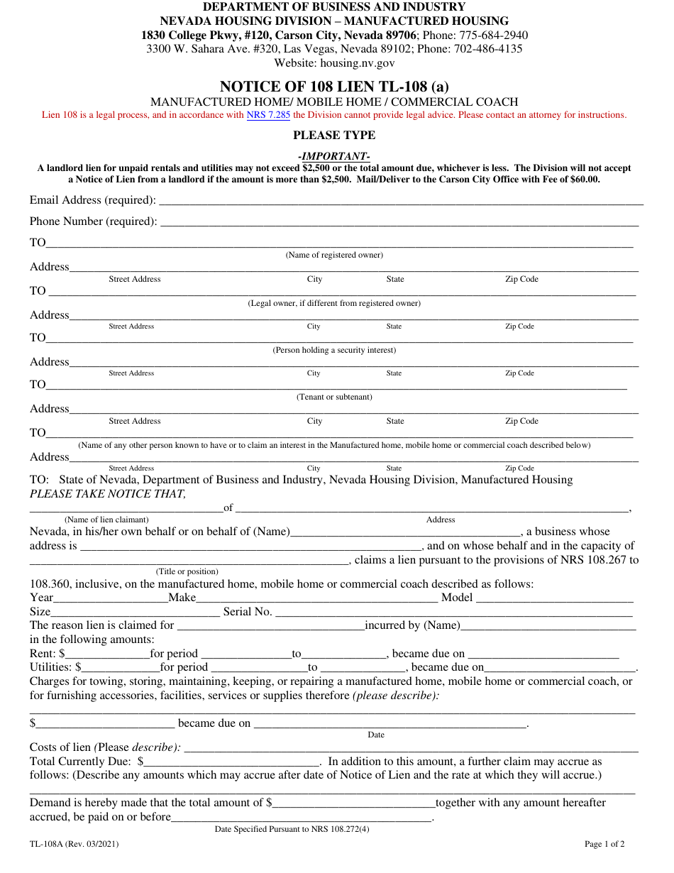 Form TL-108A - Fill Out, Sign Online and Download Fillable PDF, Nevada ...
