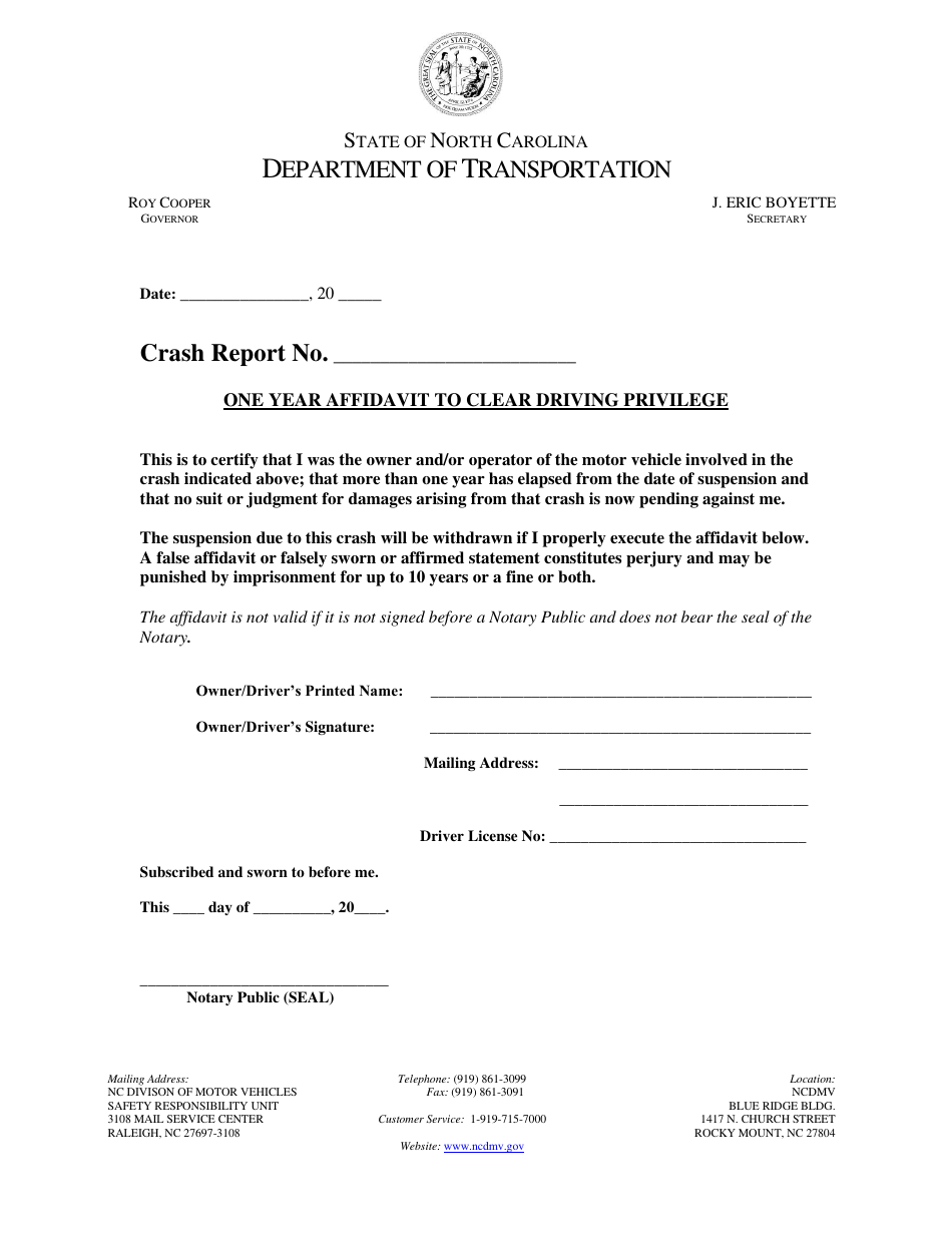 North Carolina One Year Affidavit to Clear Driving Privilege - Fill Out ...