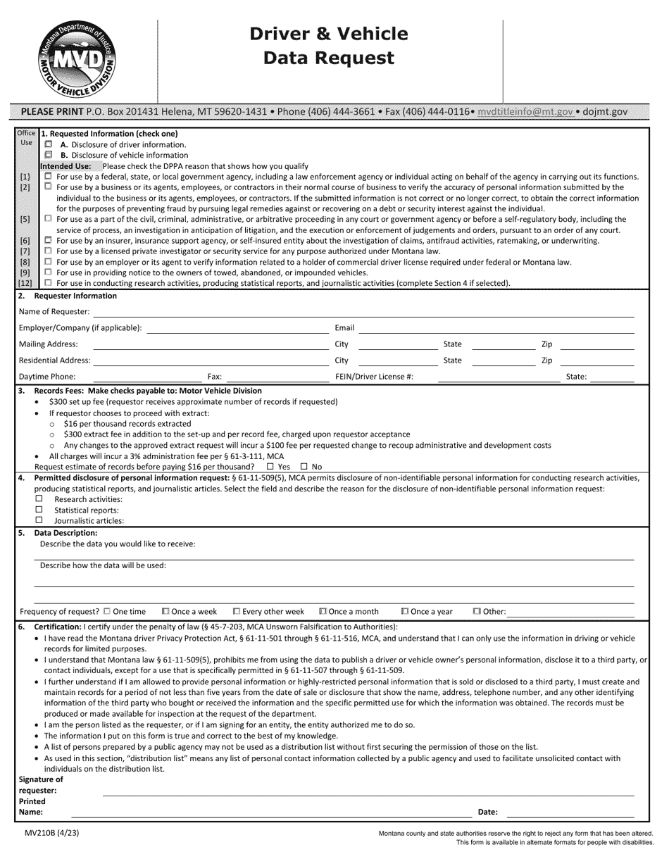 Form MV210B Download Fillable PDF or Fill Online Driver & Vehicle Data Request, Montana ...