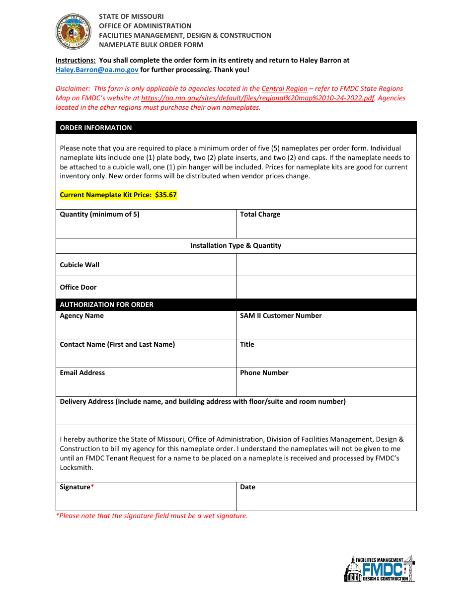 Missouri Nameplate Bulk Order Form - Fill Out, Sign Online and Download ...