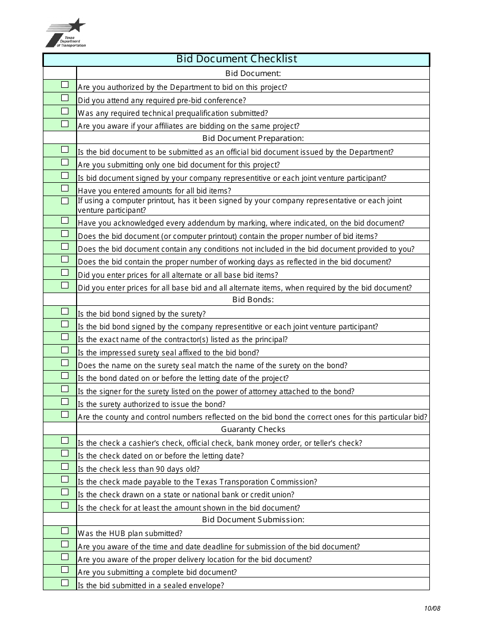 Texas Bid Document Checklist - Fill Out, Sign Online and Download PDF ...