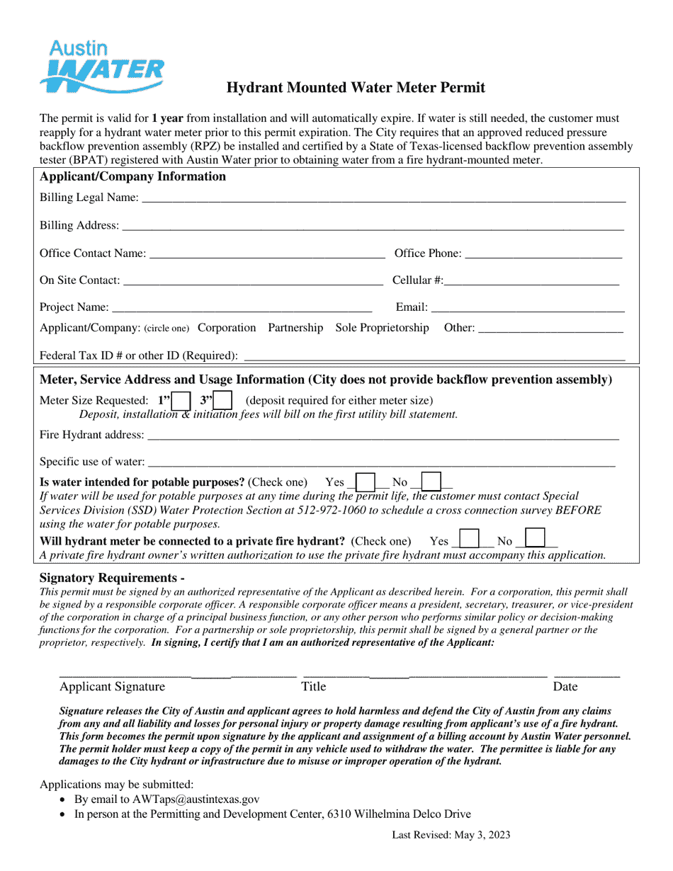 City of Austin, Texas Hydrant Mounted Water Meter Permit Download ...