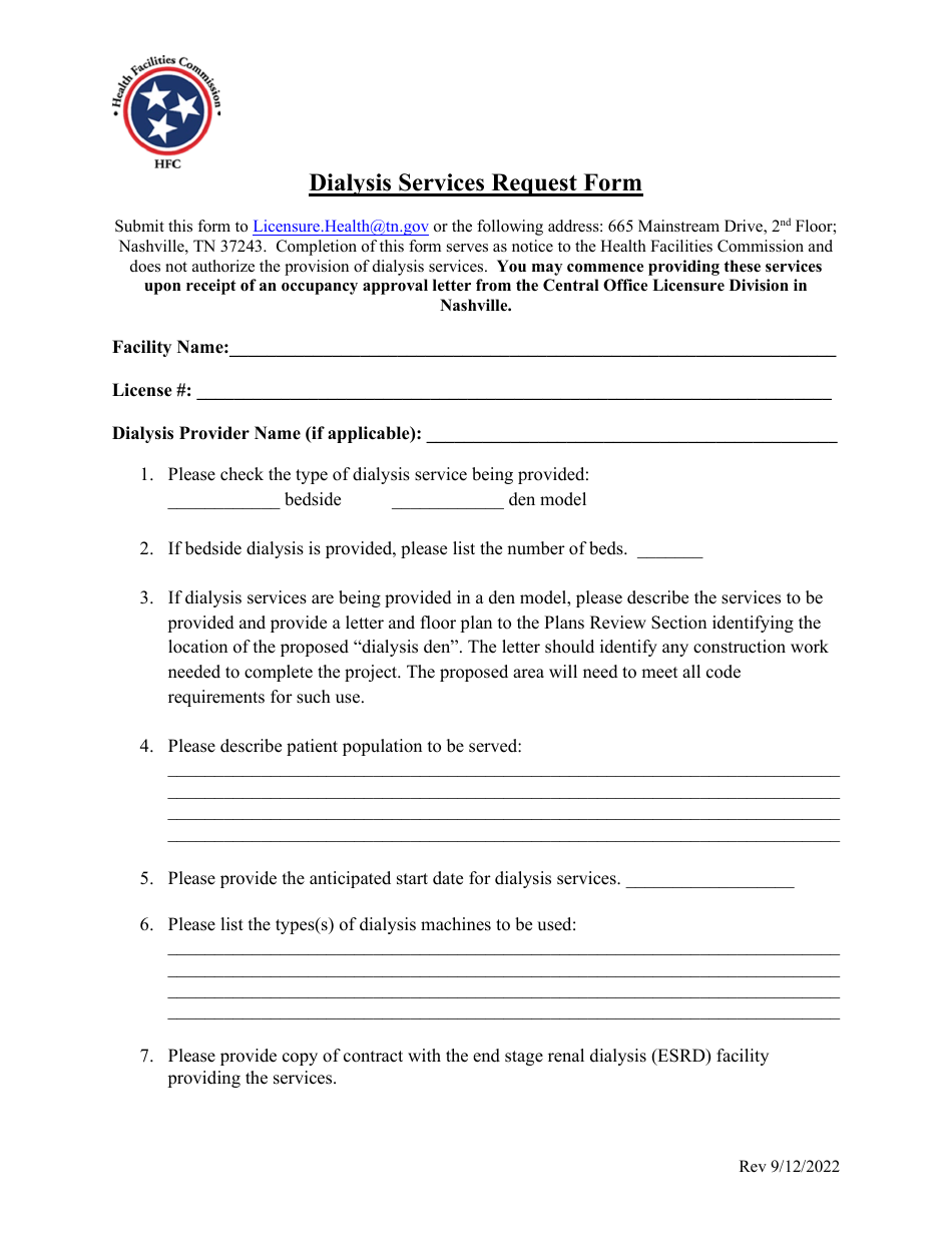 Tennessee Dialysis Services Request Form - Fill Out, Sign Online and ...
