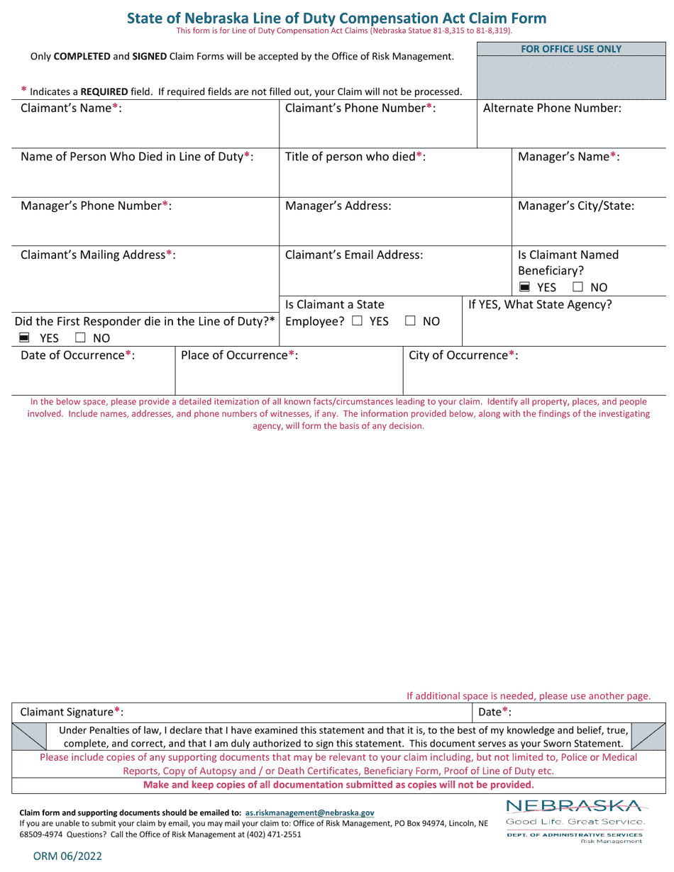 Nebraska State of Nebraska Line of Duty Compensation Act Claim Form ...