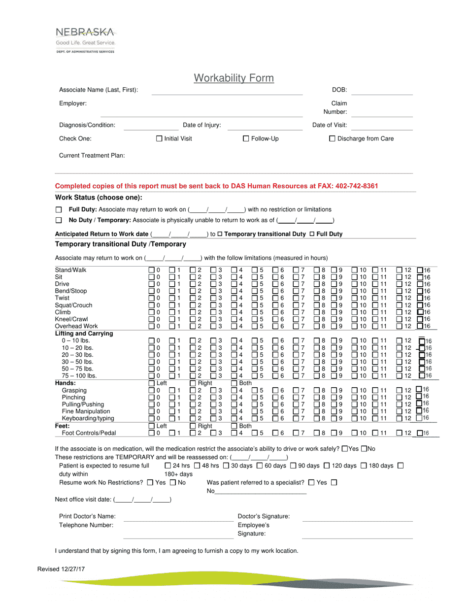 Nebraska Workability Form - Fill Out, Sign Online and Download PDF ...