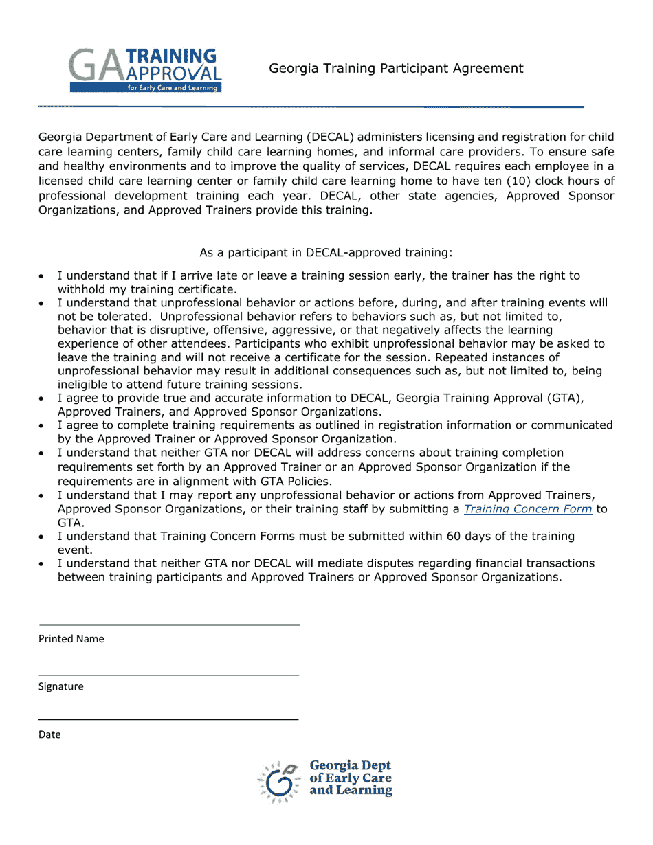 Georgia (United States) Georgia Training Participant Agreement - Fill ...