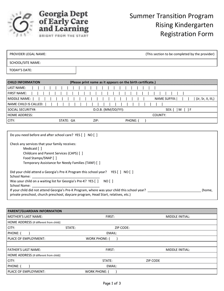 Georgia (United States) Rising Kindergarten Registration Form - Summer ...